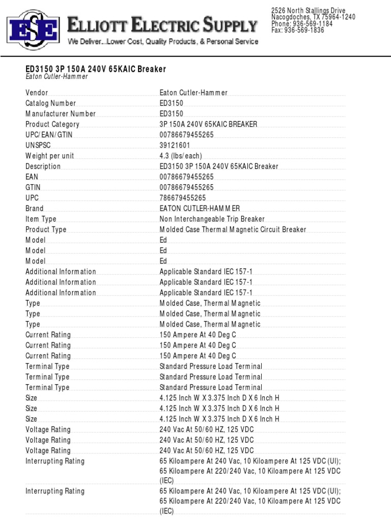 ED3150 3P 150A 240V 65KAIC Breaker: Eaton Cutler-Hammer | PDF | Power ...