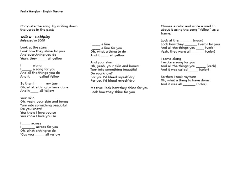 Yellow Coldplay Students Worksheet | PDF