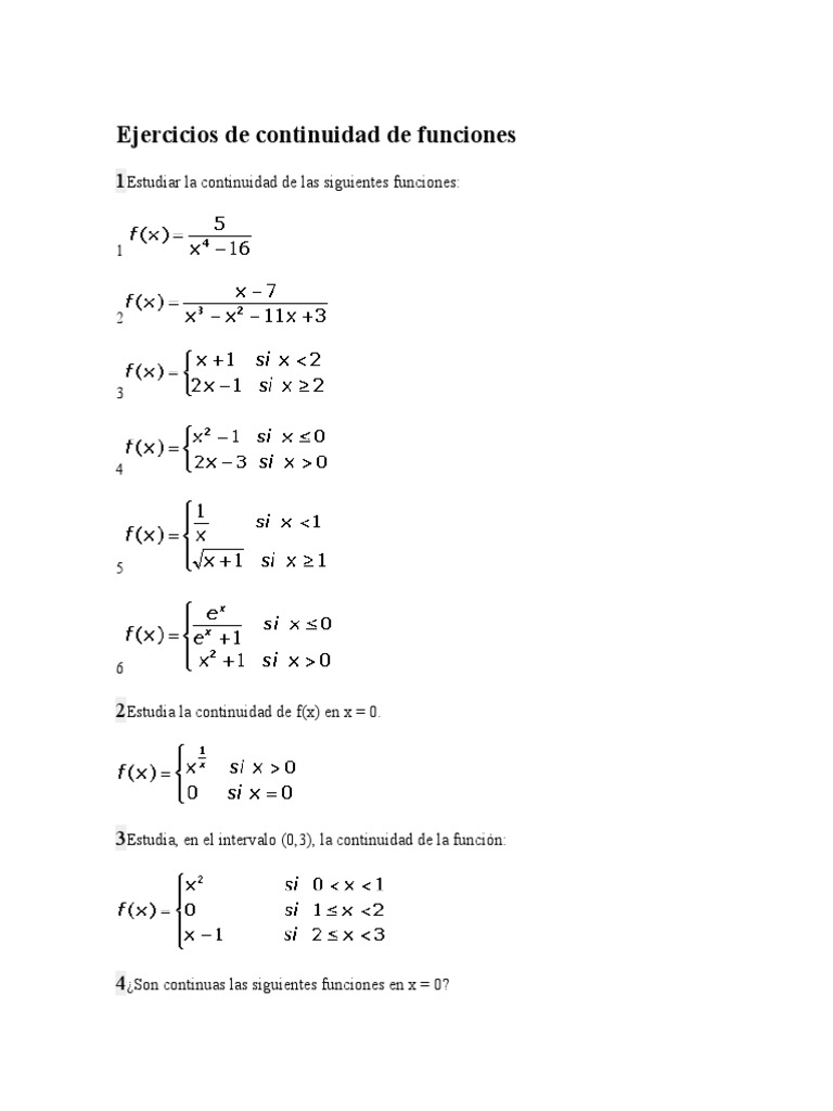 Ejercicios de Continuidad de Funciones1 | PDF | Función continua | infinito