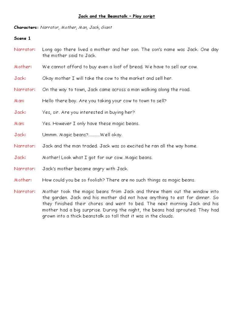 Jack and The Beanstalk Play Script | PDF | Jack And The Beanstalk | Leisure