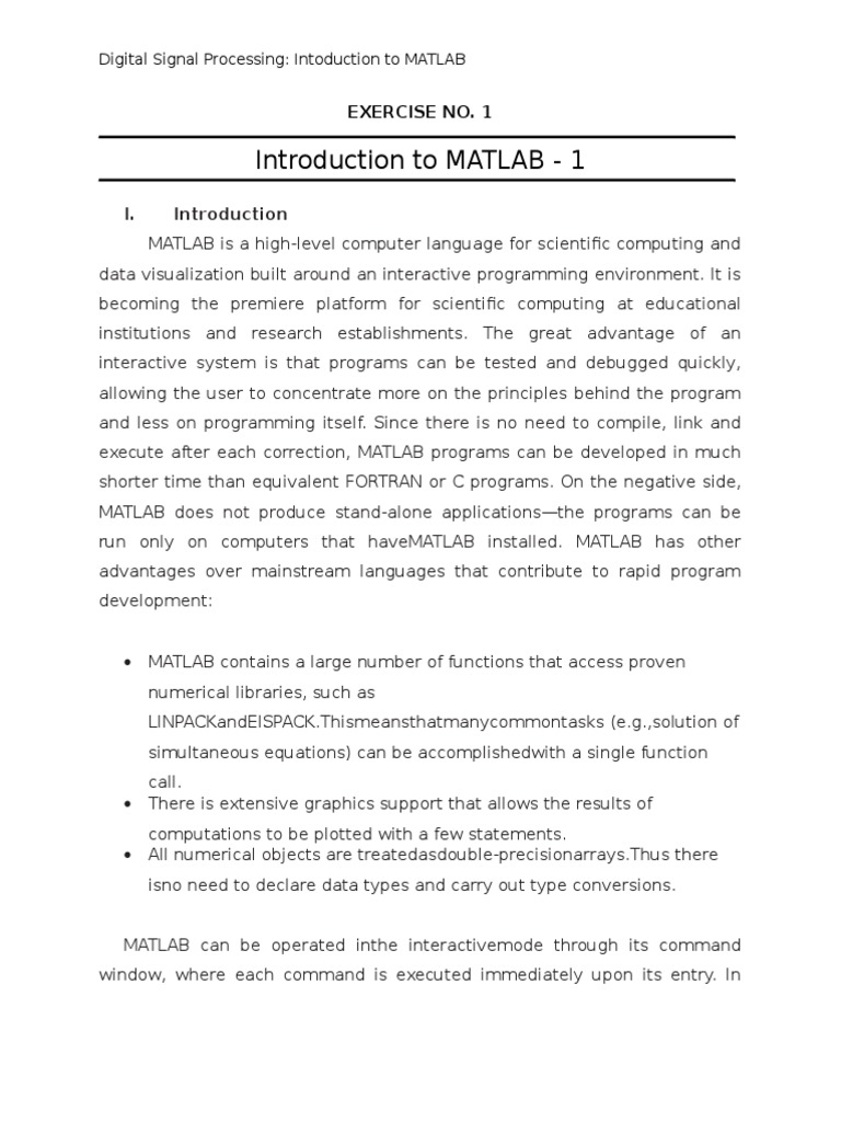 Expt - 1introduction To MATLAB | PDF | Matlab | Computer Program