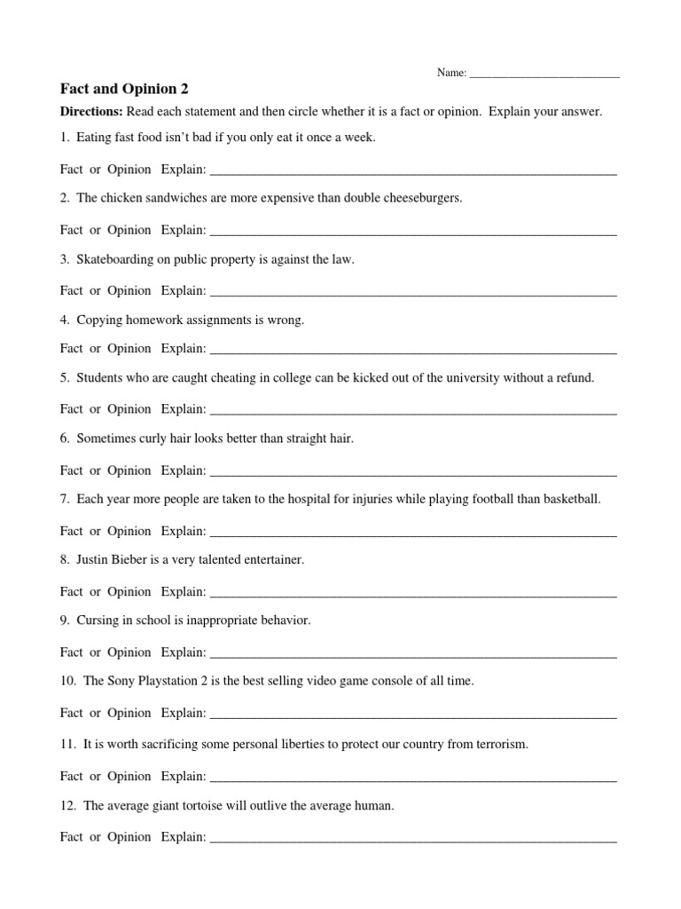 Fact vs. Opinion Worksheet | PDF | Sports & Recreation | Wellness