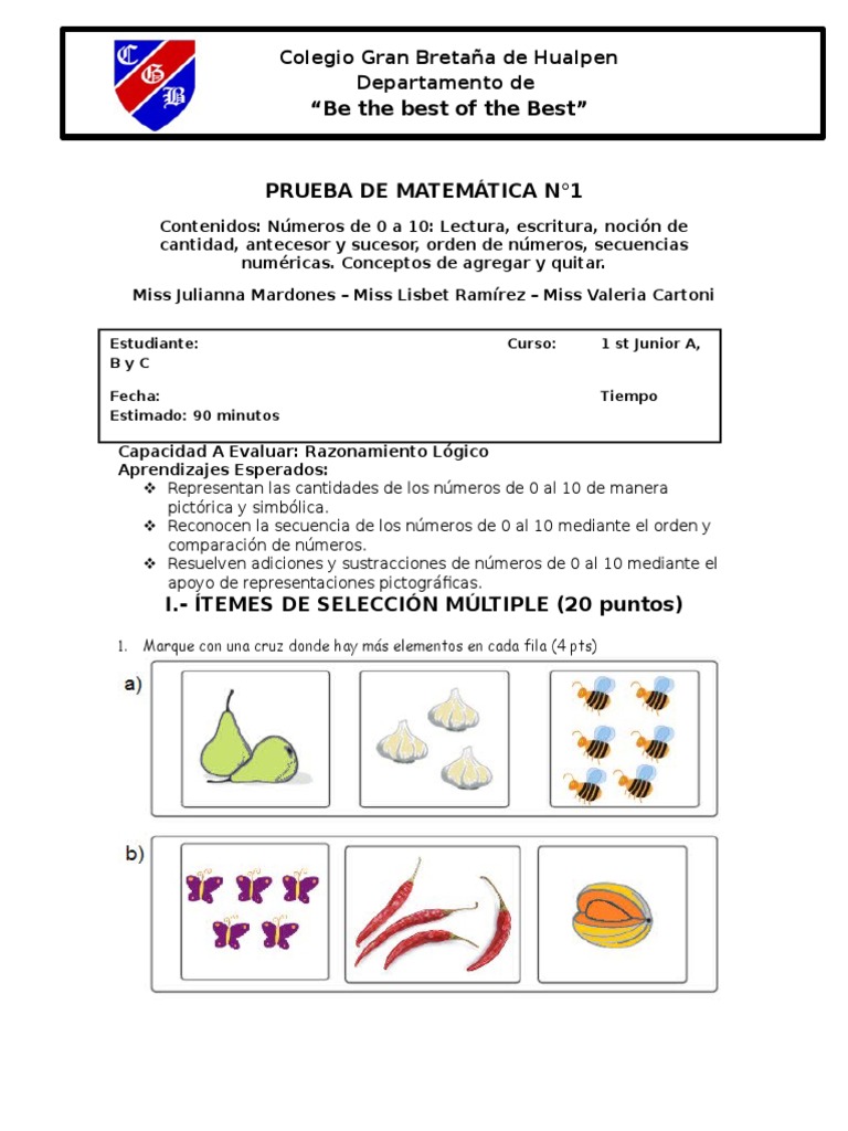 Prueba de Matemática 1° Básico. Numeración 0 Al 10 | PDF