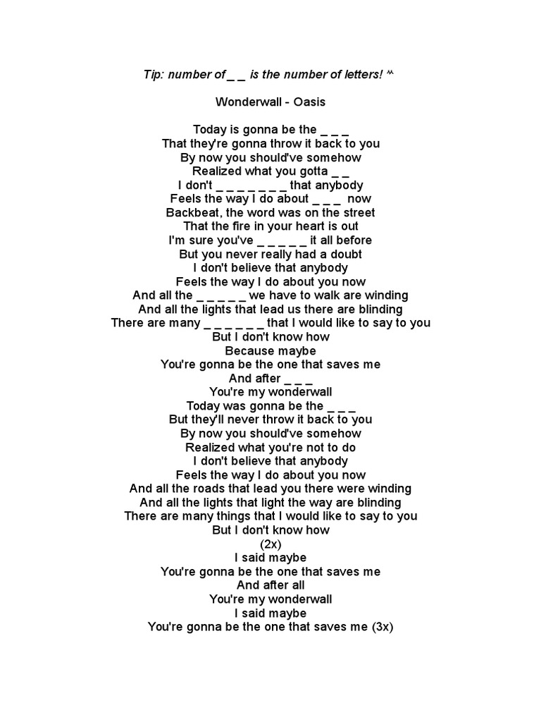 Lyrics - Wonderwall - Oasis - EXERCISE | PDF