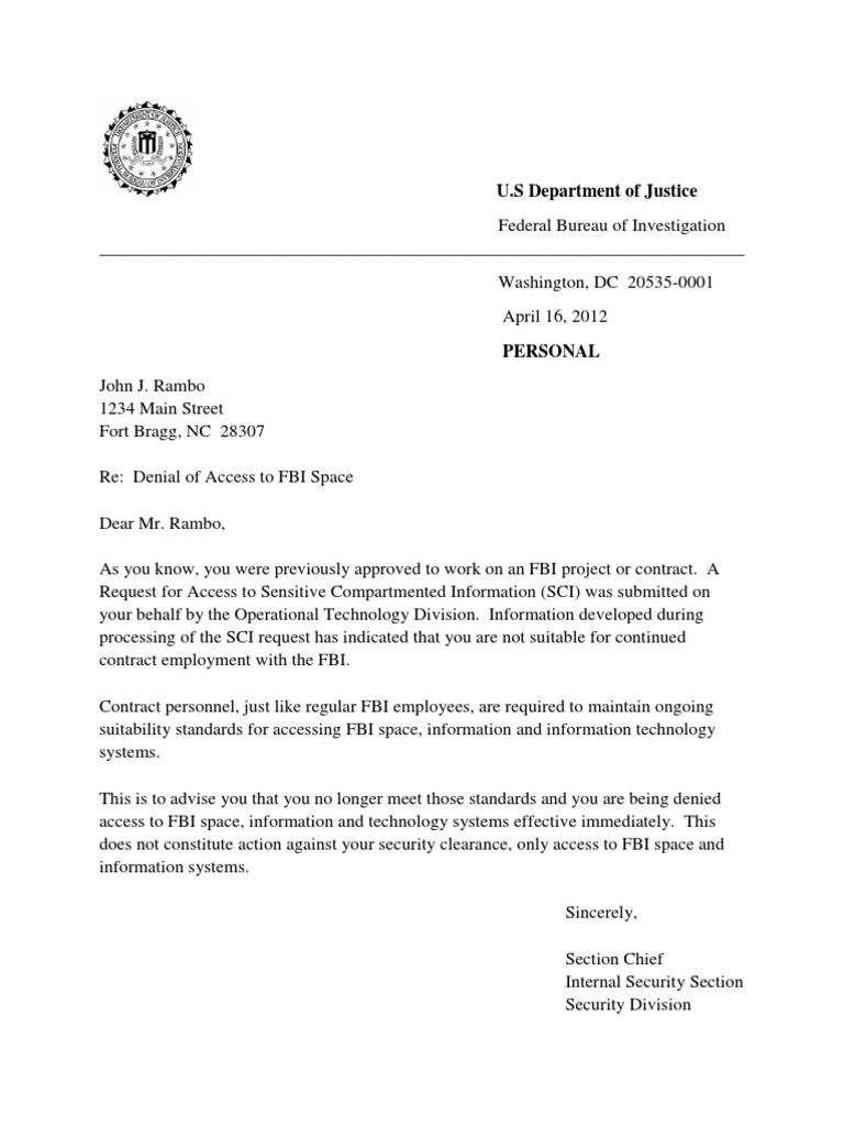 Denial of FBI Access Notification | PDF | Federal Bureau Of ...