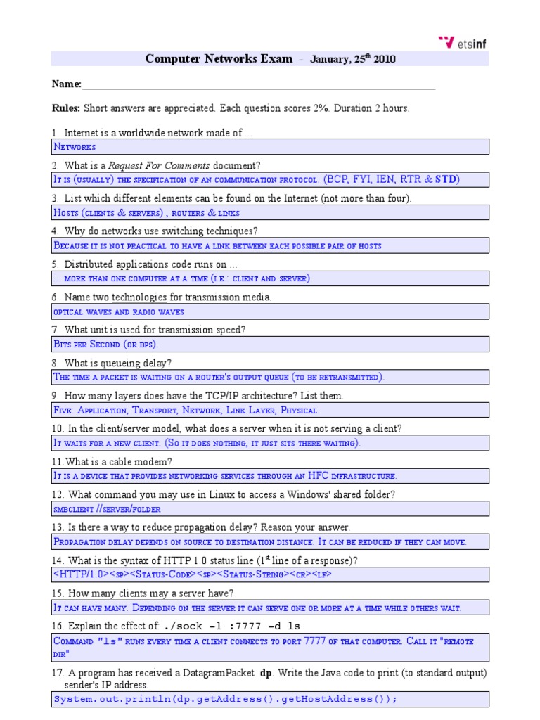 Computer Networks Exam Questions 2010 | PDF | Transmission Control ...