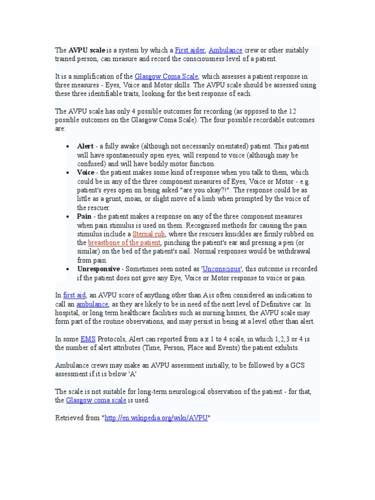 The AVPU Scale | PDF | Medical Emergencies | Nervous System