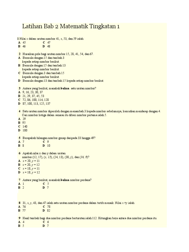 Latihan Bab 2 Matematik Tingkatan 1 | PDF