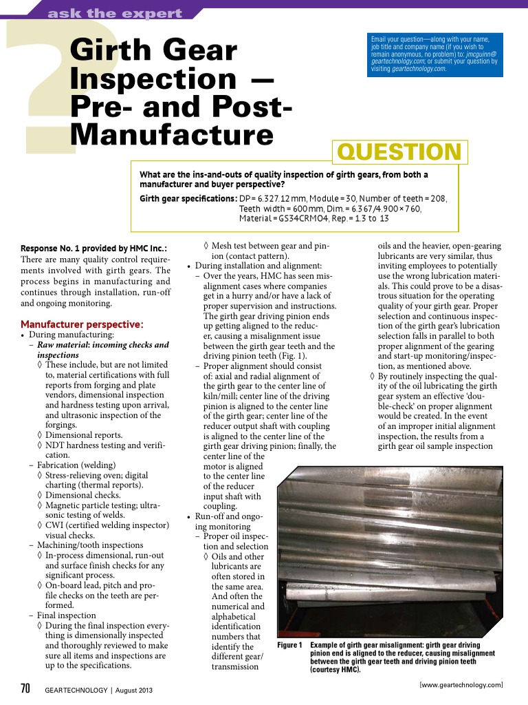 Girth Gear Inspection | PDF | Gear | Industries
