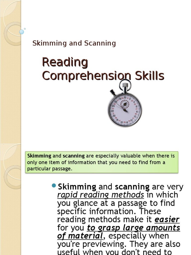 Reading Comprehension - Overview of Skimming and Scanning | PDF | Speed Reading | Cognition