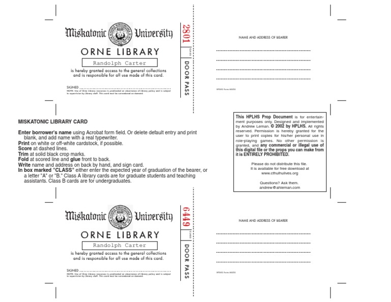 1920 - Miskatonic University Library Card | PDF