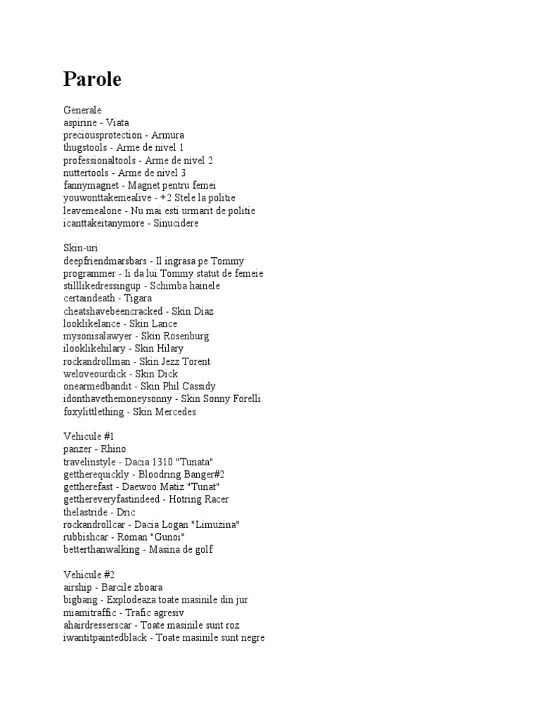 Coduri GTA Romania 2 | PDF