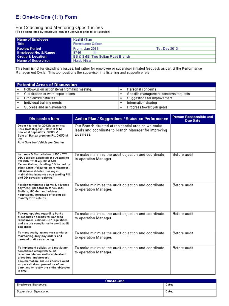 E - One-to-One Form | Download Free PDF | Regulatory Compliance | Audit