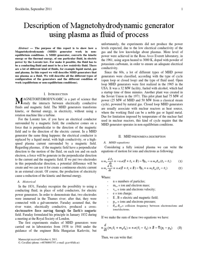 Magnetohydrodynamic Generator | PDF | Magnetohydrodynamics | Electric ...