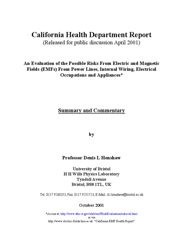 California Health Department Report: (Released For Public Discussion ...