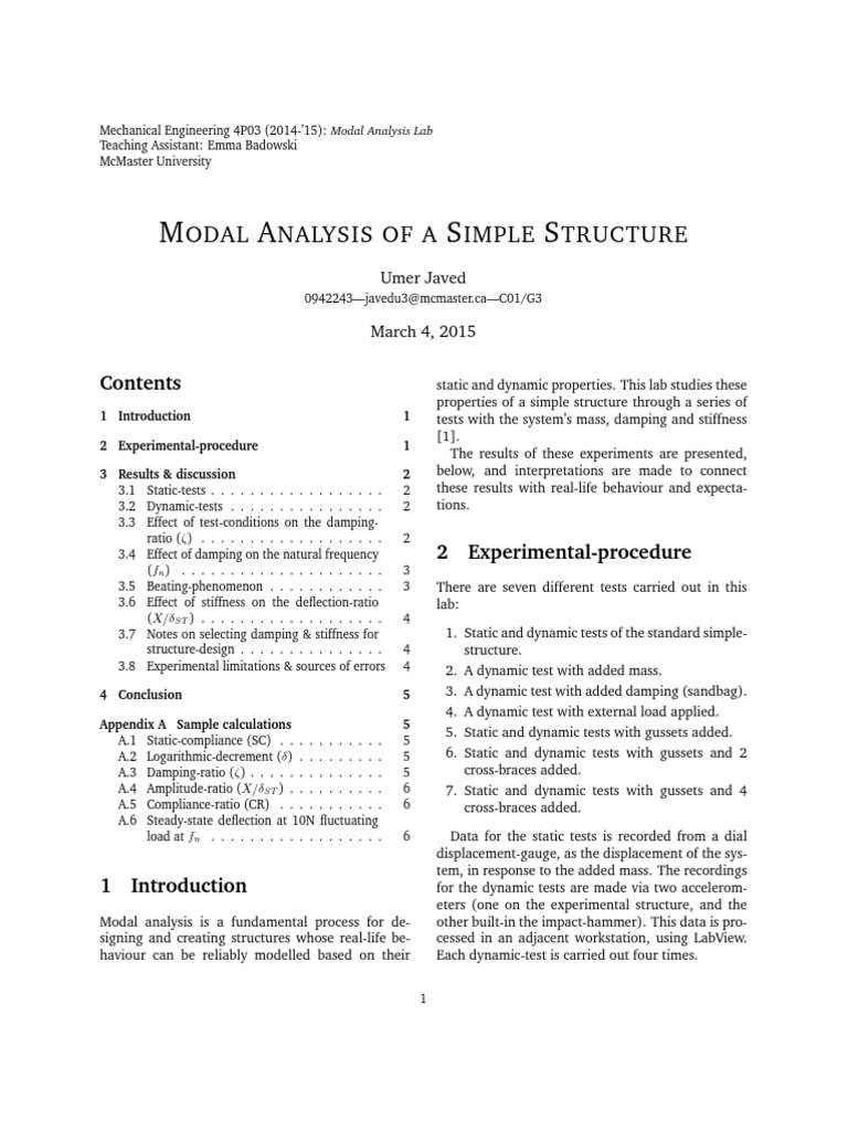 Simple Modal Analysis Lab Report | PDF | Experiment | Physics