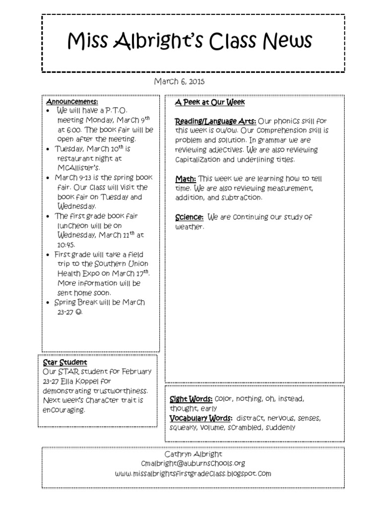 Miss Albright's Class News: March 6, 2015 | PDF | Language Arts ...