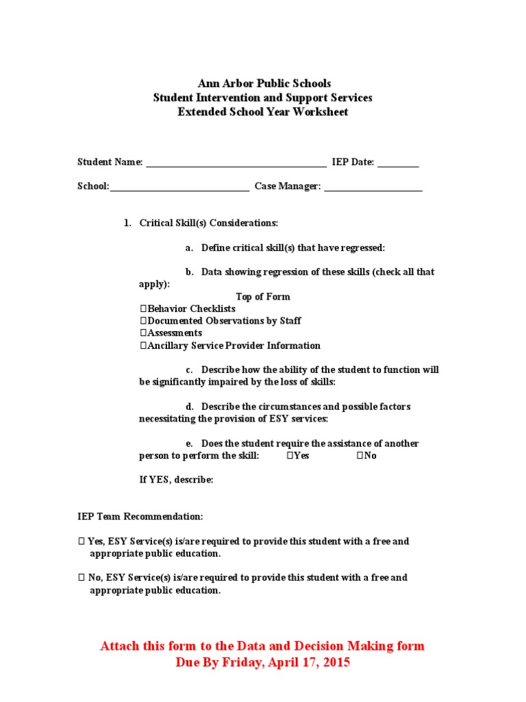 ESY Worksheet for Ann Arbor Students | PDF | Career & Growth