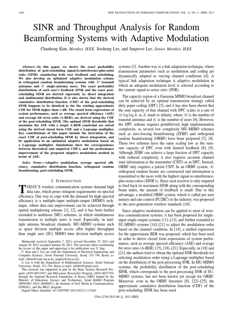 Sinr And Throughput Analysis For Random Beamforming Systems With Adaptive Modulation Pdf