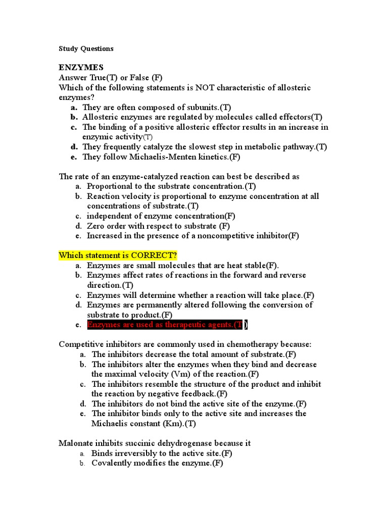 Study Questions ENZYM | PDF | Enzyme Inhibitor | Enzyme Kinetics