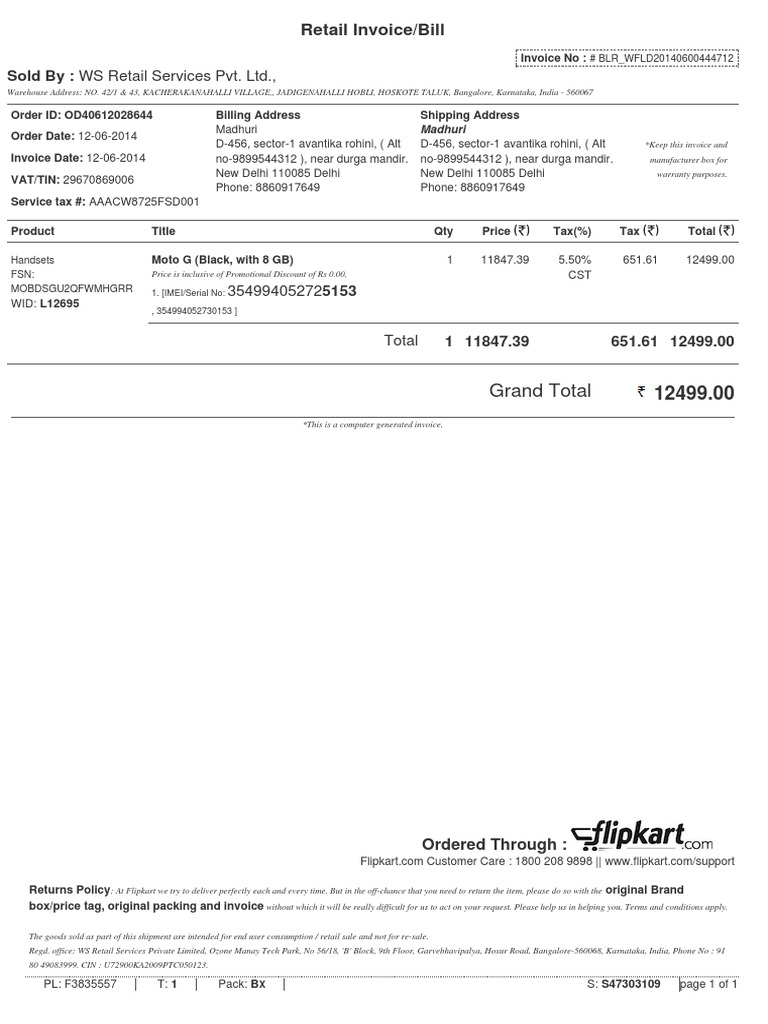 Moto G Purchase Invoice Details | PDF | Career & Growth | Finance ...