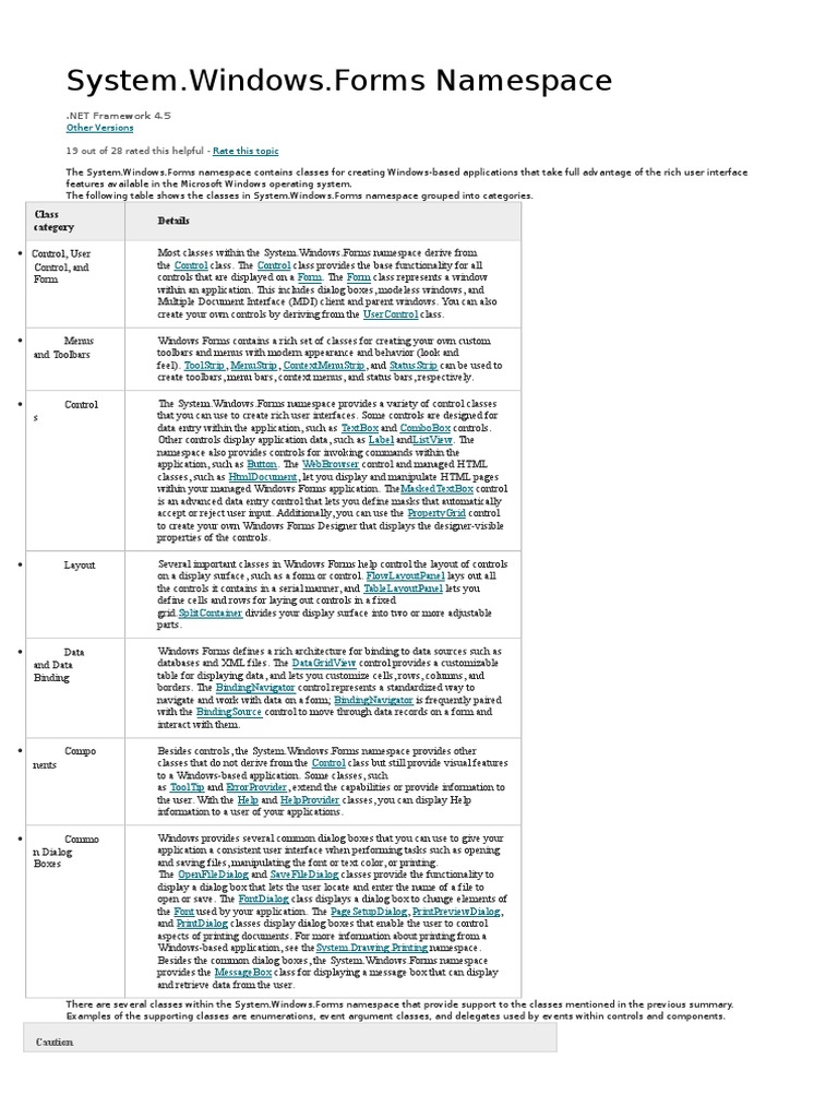 System - Windows.Forms Namespace: Class Category Details | PDF | Class ...