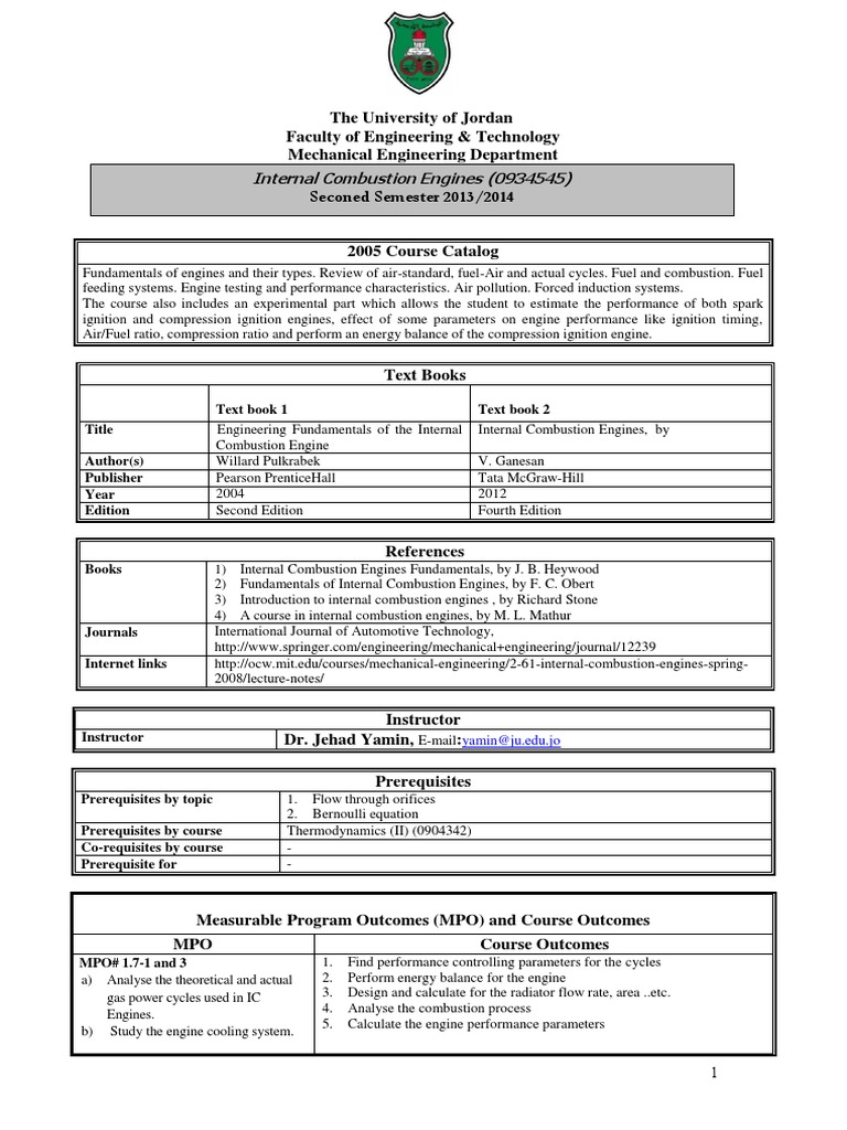 Internal Combustion Engines (0934545) : Text Book 1 Text Book 2 Title ...