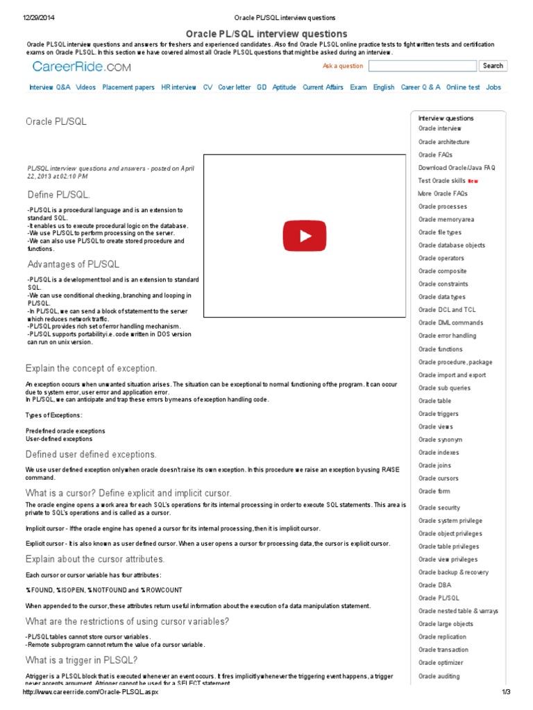 Oracle PL/SQL Interview Questions | PDF | Oracle Database | Pl/Sql Oracle PL/SQL Interview Questions | PDF | Oracle Database | Pl/Sql
