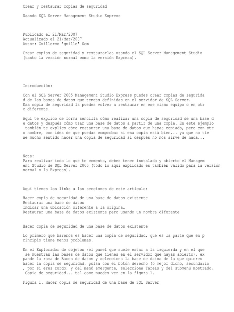 Backup De Base De Datos De Manera Grafica Y Por Query Pdf Apoyo Servidor Sql De Microsoft