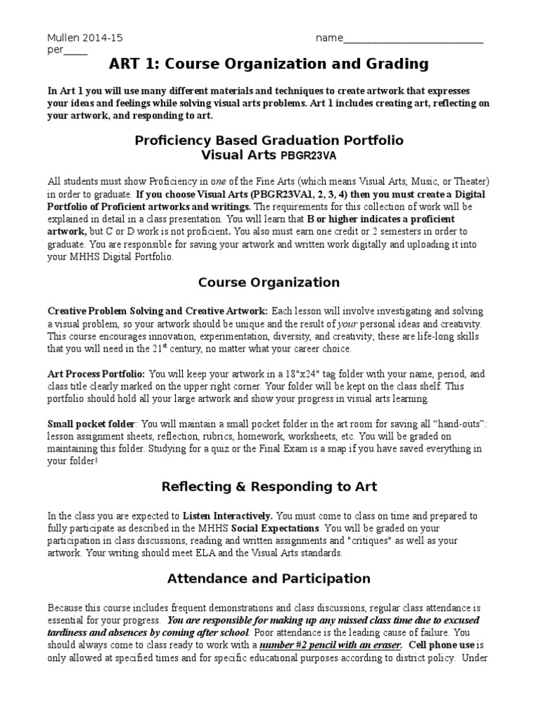 Art 1 Course Overview and Grading Guide | PDF | Homework | Teachers