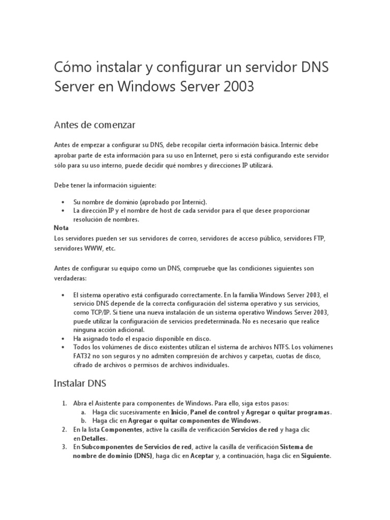 Cómo Instalar y Configurar Un Servidor DNS Server en Windows Server 2003 | PDF | sistema de ...