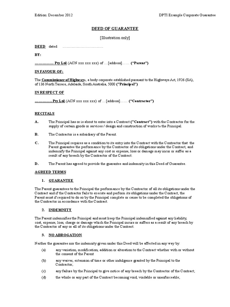 DPTI Example Corporate Guarantee Dec 2012 | PDF | Indemnity | Guarantee
