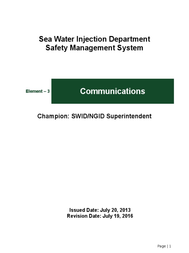 Sea Water Injection Department Safety Management System: Communications ...