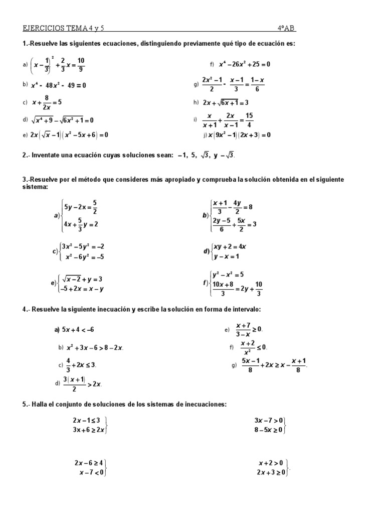 Ejercicios Ecuaciones Y Sistemas 4º Eso Pdf 8762