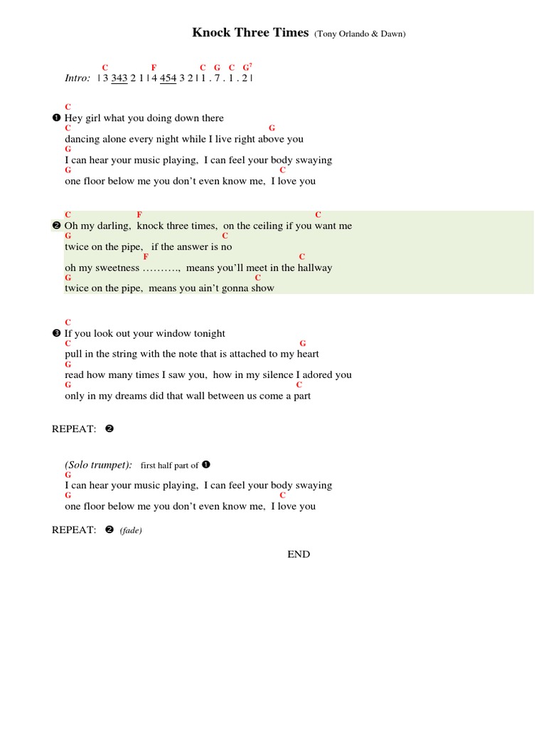 Knock Three Times Lyrics and Chords | PDF