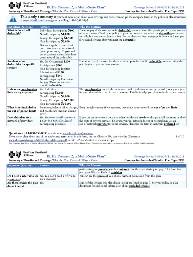 BCBS Premier 2, a Multi-State Plan: This is only a summary | Deductible ...