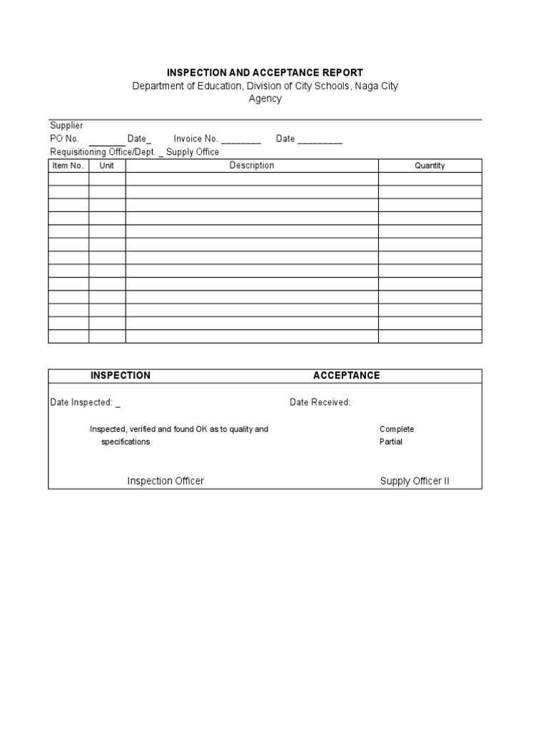 Inspection and Acceptance Report: Department of Education, Division of ...