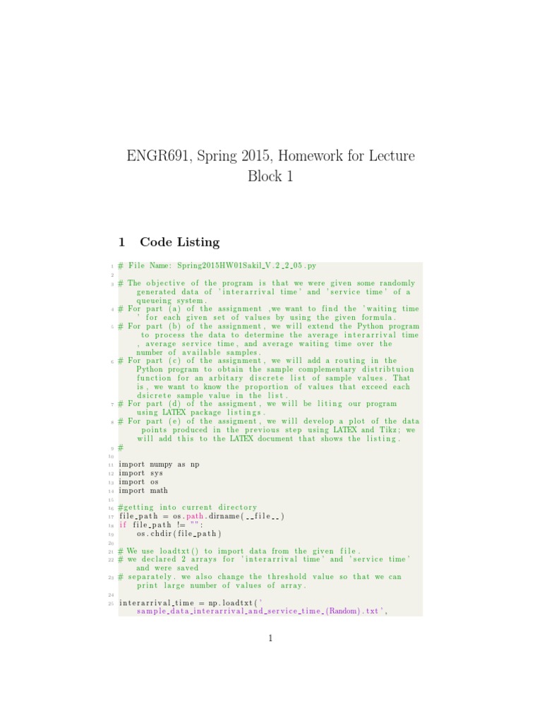 ENGR691, Spring 2015, Homework For Lecture Block 1: 1 Code Listing | PDF