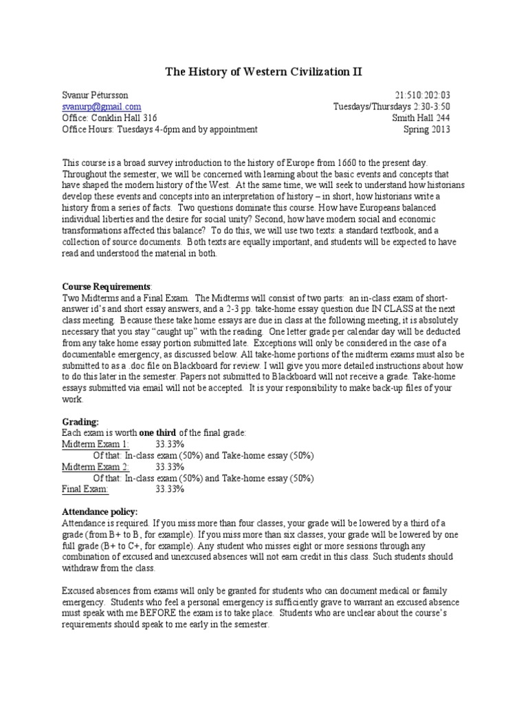 Petursson - History of Western Civilization II - Syllabus | PDF | Test ...