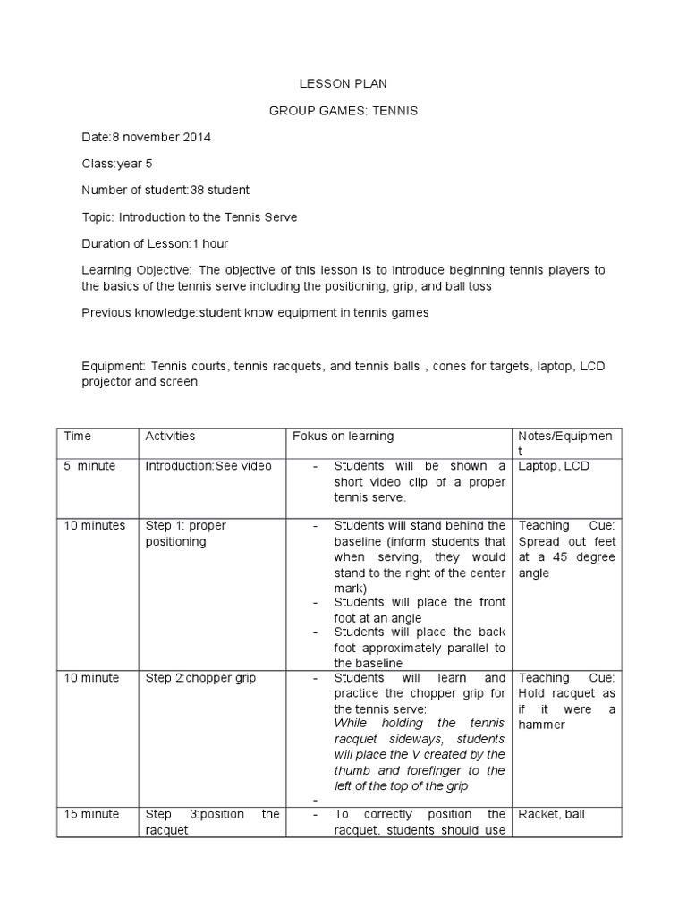 Introductory Tennis Serve Lesson Plan | PDF | Sports & Recreation ...