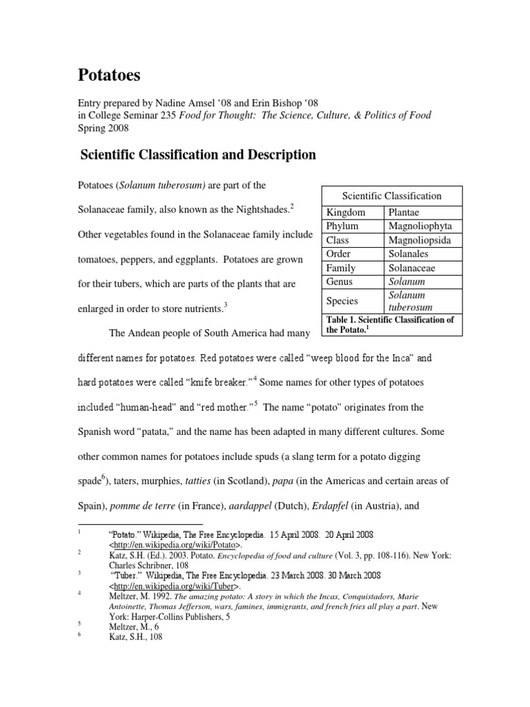 Potatoes: Scientific Classification and Description | PDF | Potato ...