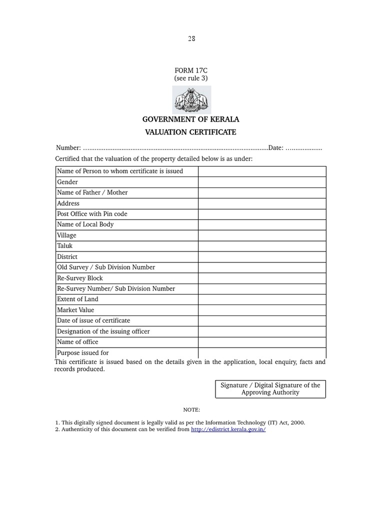Kerala Land Valuation Certificate Format | PDF