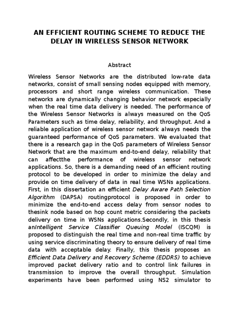 An Efficient Routing Scheme To Reduce The Delay in Wireless Sensor Network | PDF | Quality Of ...