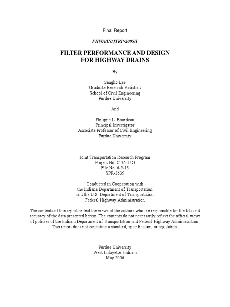 Filter Performance and Design For Highway Drains: FHWA/IN/JTRP-2005/1 ...