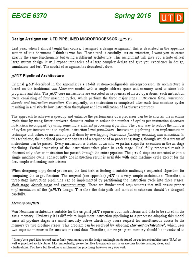 Ee/Ce 6370 Spring 2015: Design Assignment: Utd Pipelined Microprocessor ... Ee/Ce 6370 Spring 2015: Design Assignment: Utd Pipelined Microprocessor ...