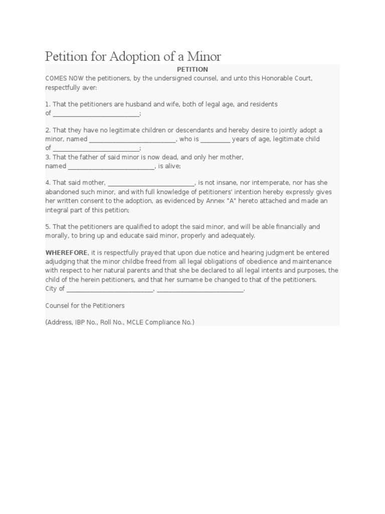 Petition For Adoption of A Minor | PDF | Family | Virtue