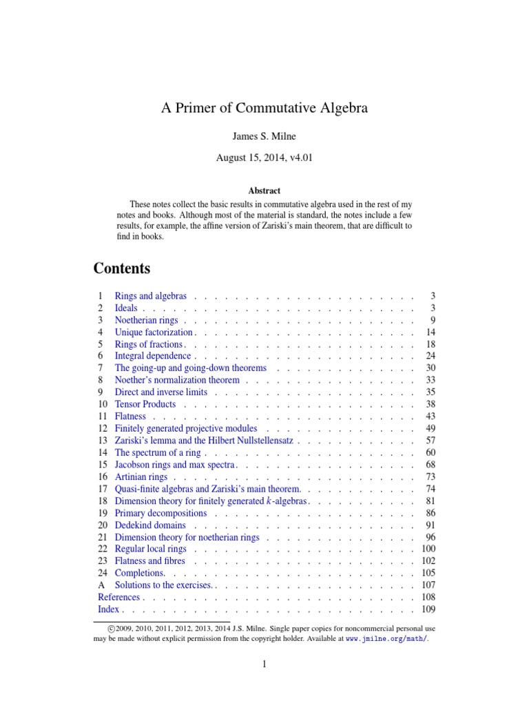 A Primer of Commutative Algebra | PDF | Ring (Mathematics) | Module ...