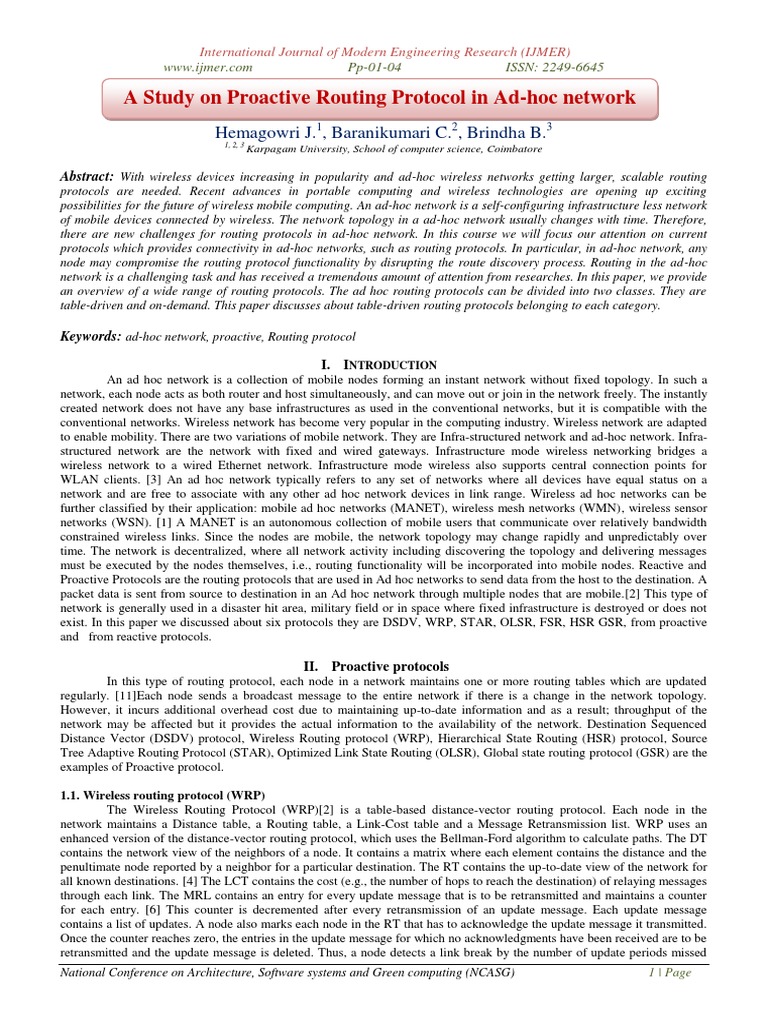 A Study On Proactive Routing Protocol in Ad-Hoc Network: Hemagowri J., Baranikumari C., Brindha ...