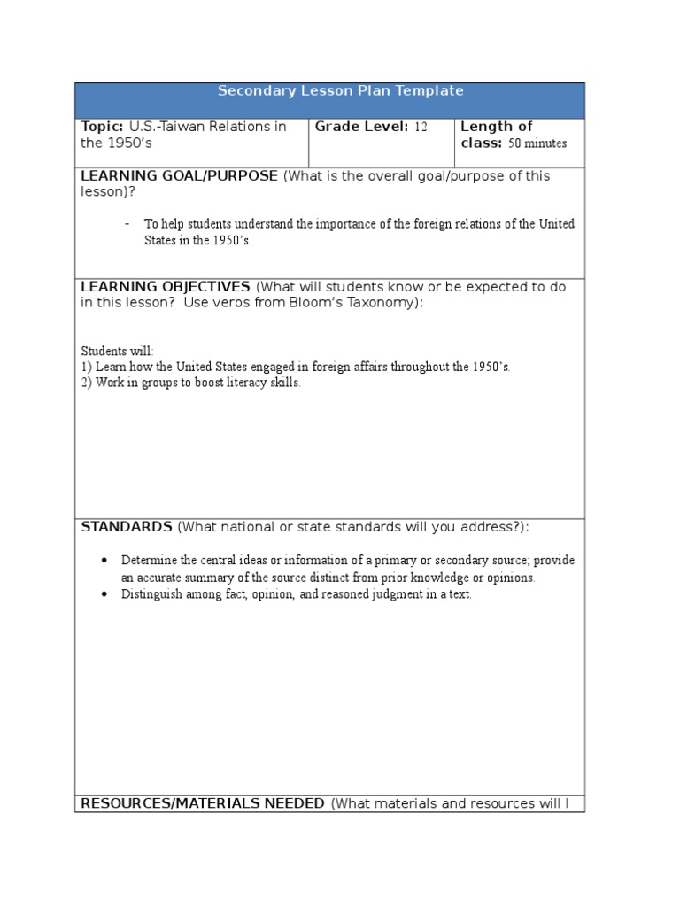 U.S.-Taiwan Relations Lesson Plan | PDF | Lesson Plan | Inquiry Based ...