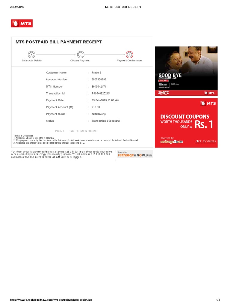 Mts Postpaid Bill Payment Receipt: Print Go To Mts Home | PDF